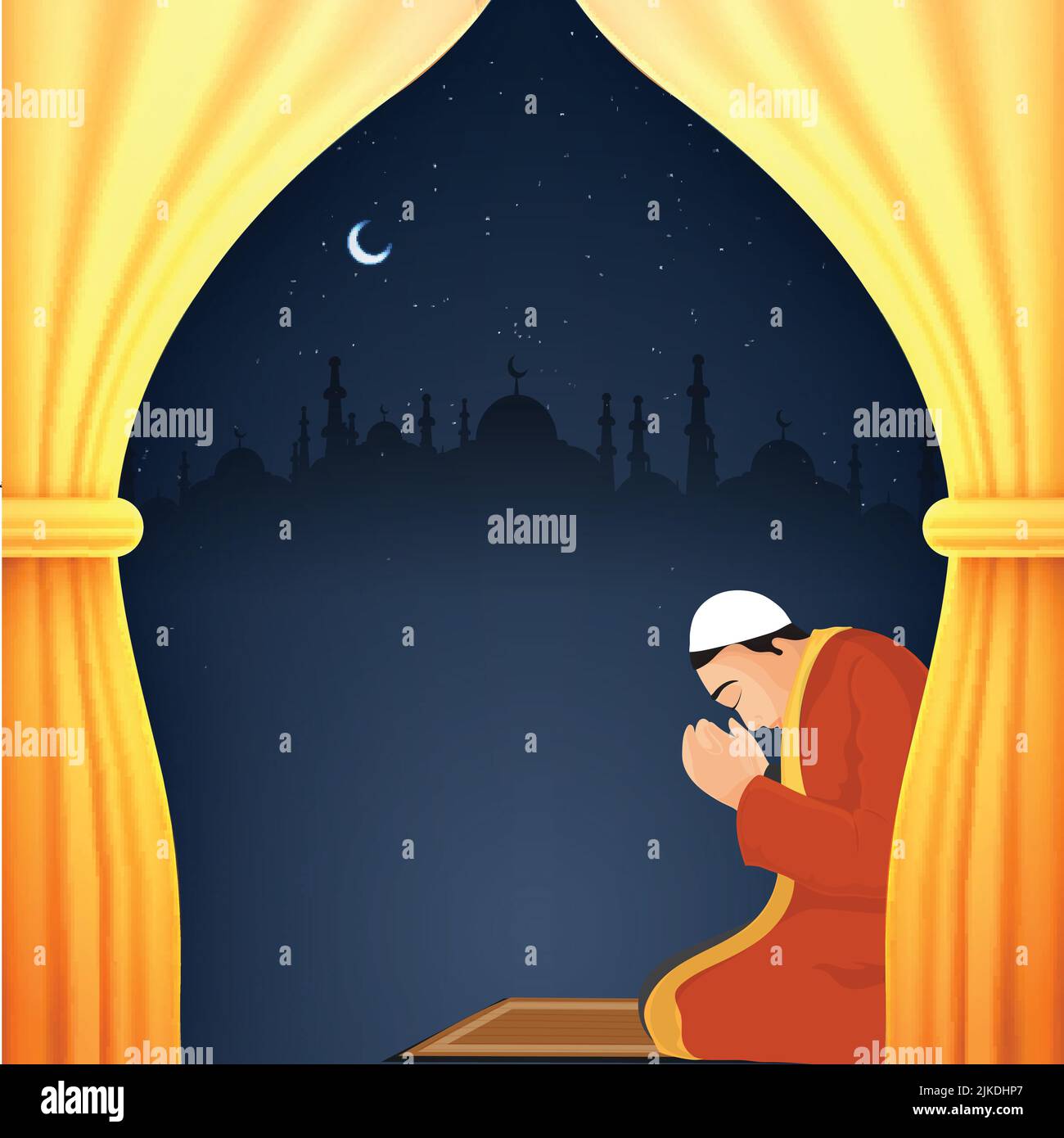 Islamic Man Offering Namaz (Prayer) At Mat And Glossy Orange Curtains ...