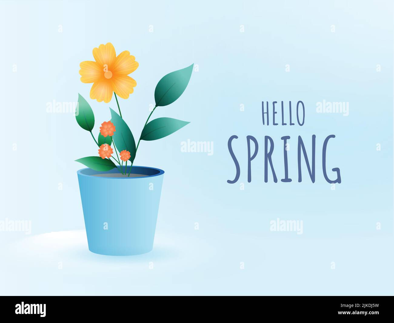 Hello Spring Font With Realistic Flower Plant Pot On Glossy Blue ...