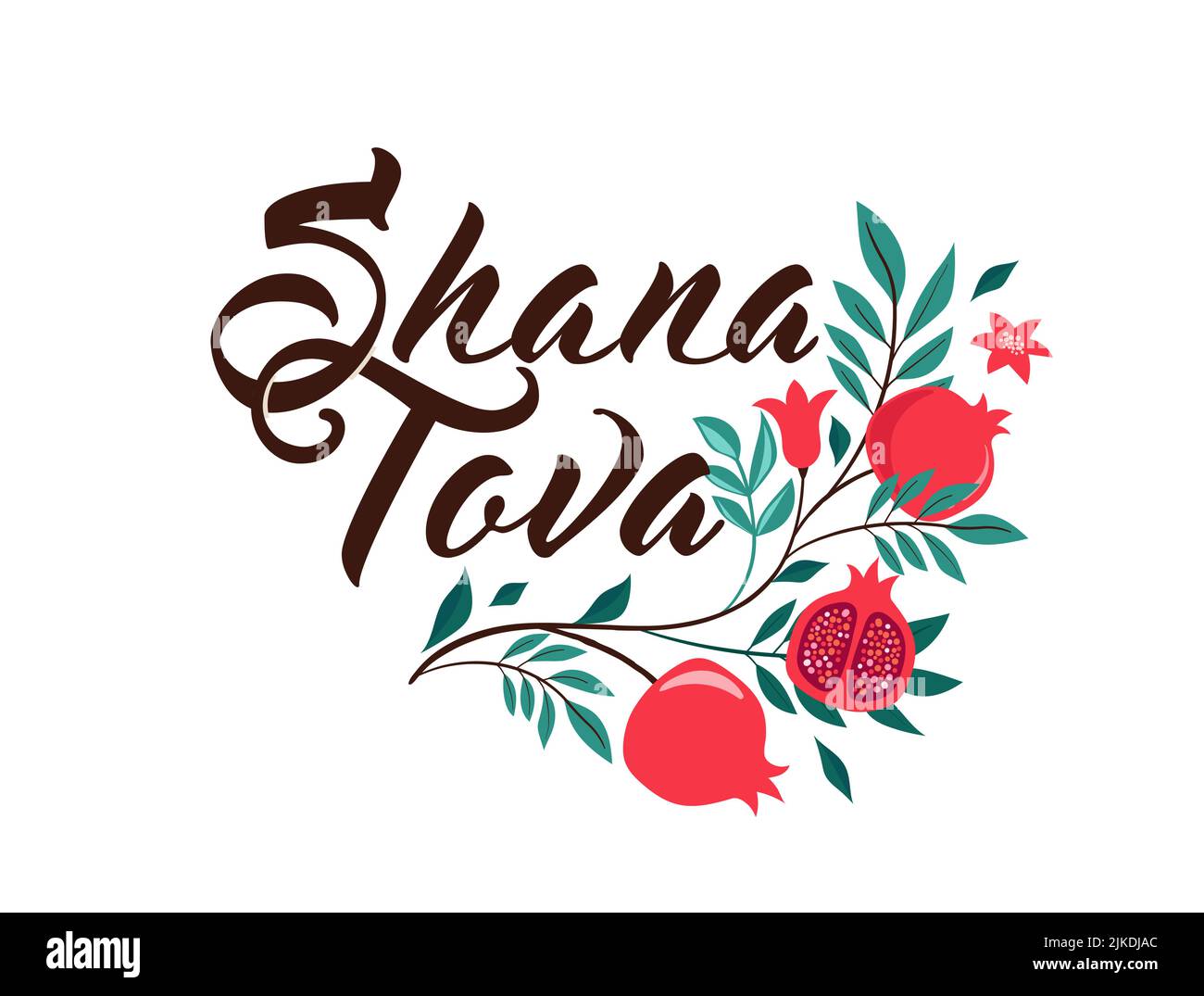 Rosh Hashanah design template with hand drawn pomegranate branch. Shana Tova Lettering ...