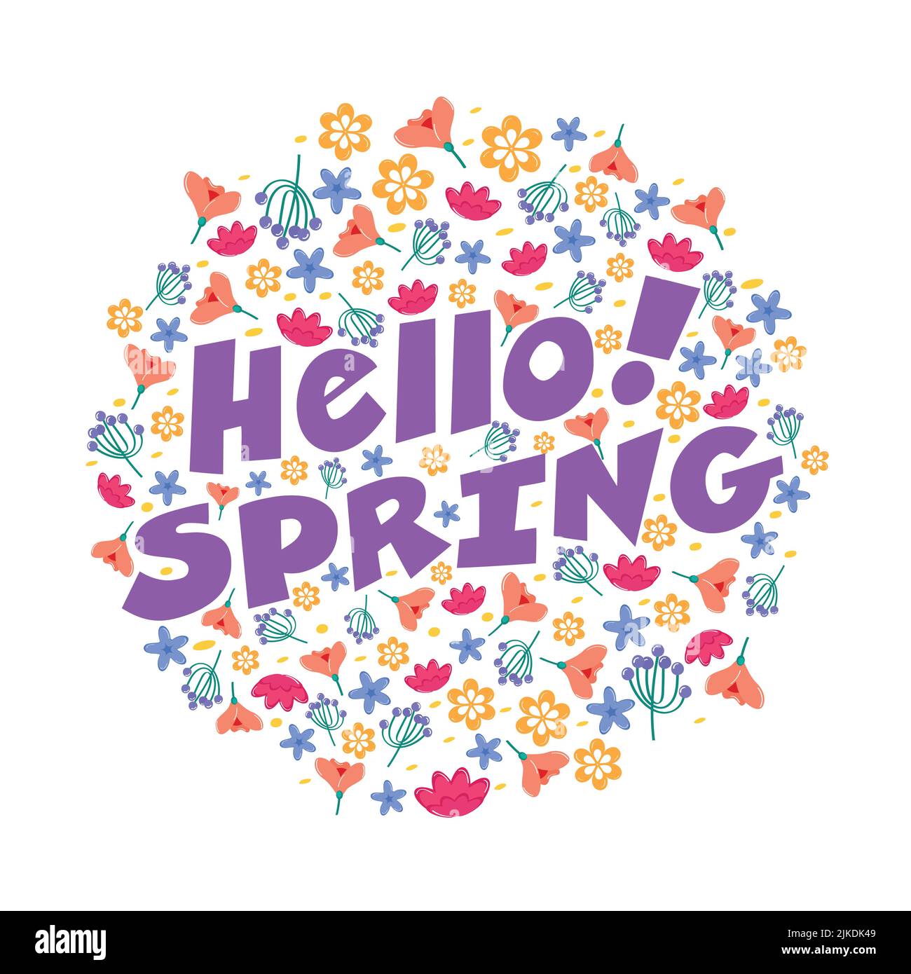 Purple Hello Spring Text Over Colorful Floral In Circular Shape On ...