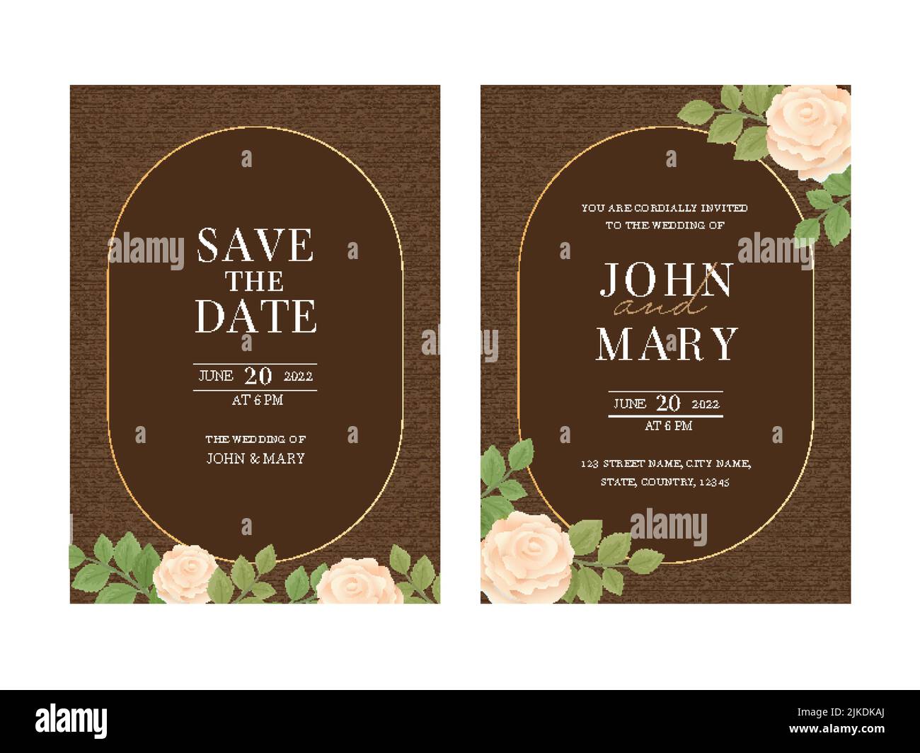 Wedding Invitation Cards Decorated With Rose Flowers And Leaves In ...