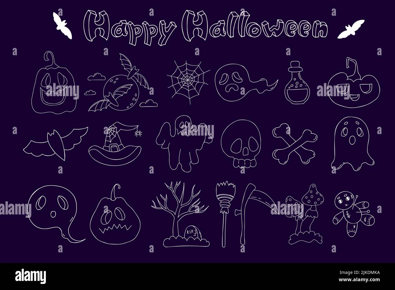 Happy Halloween doodles. Jack pumpkin, ghost, bat and skull and ...