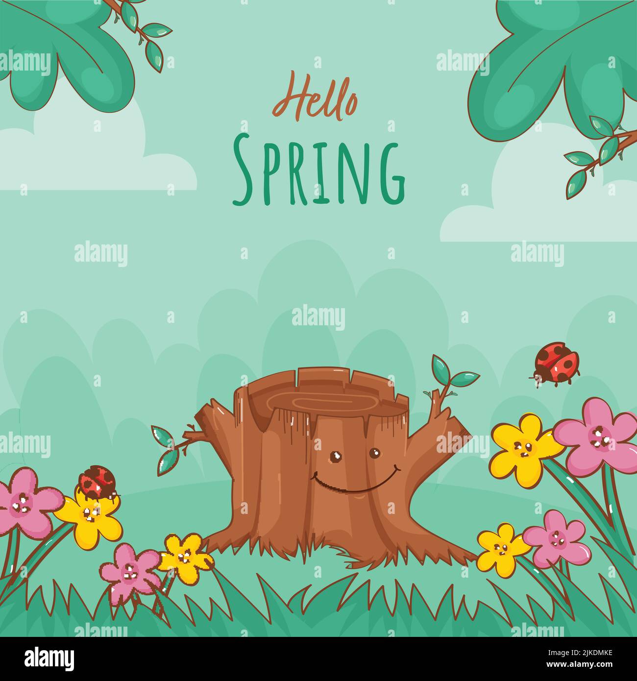 Hello Spring Background Decorated With Floral, Ladybugs And Smiley Tree ...