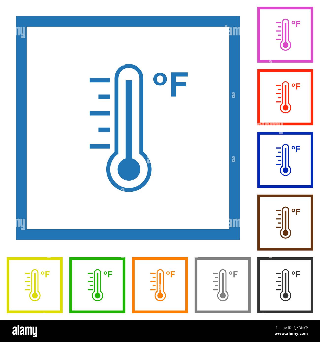 Fahrenheit thermometer warm temperature flat color icons in square ...