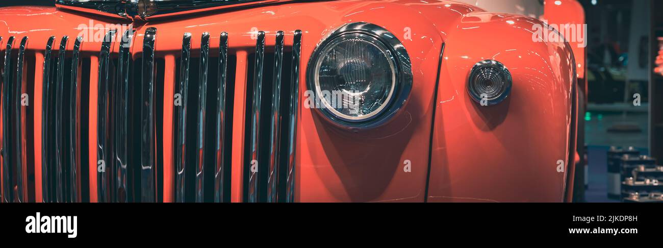 Classic car headlights close-up. The concept of a poster on the wall ...
