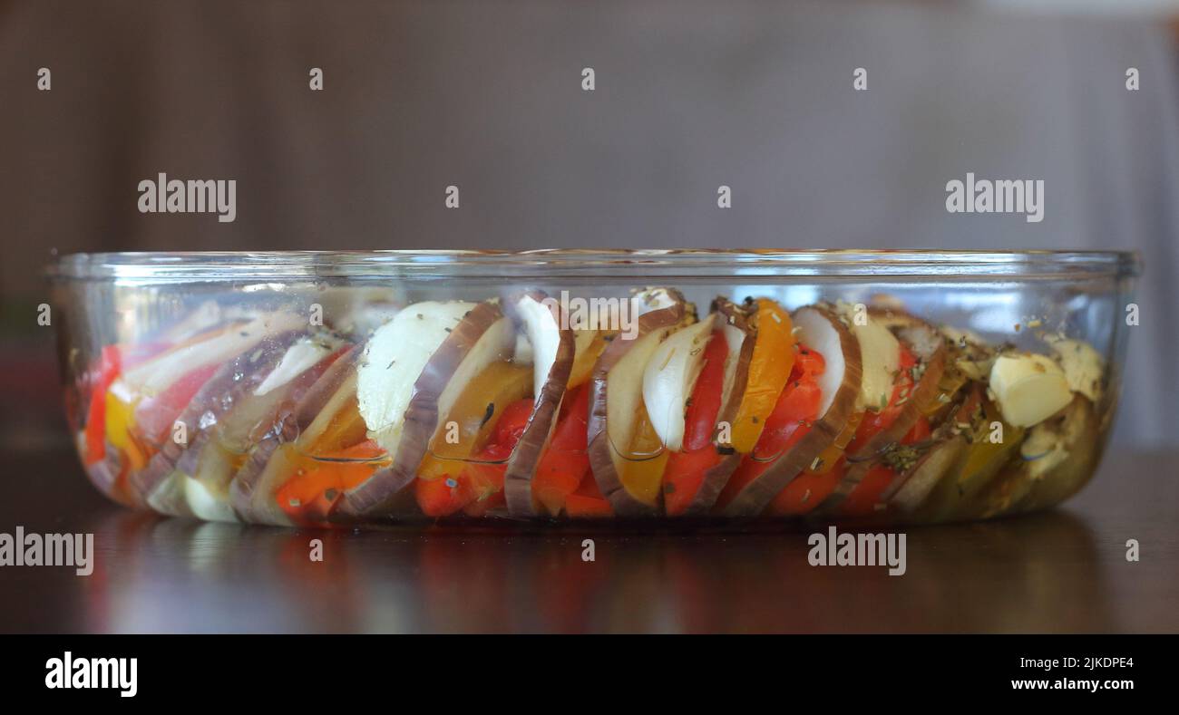baking form with ratatouille preparation, side view Stock Photo - Alamy