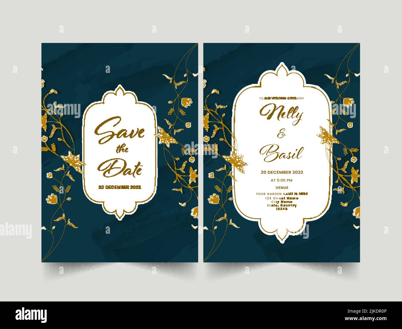 Floral Wedding Invitation Card With Venue Details In Teal And White ...