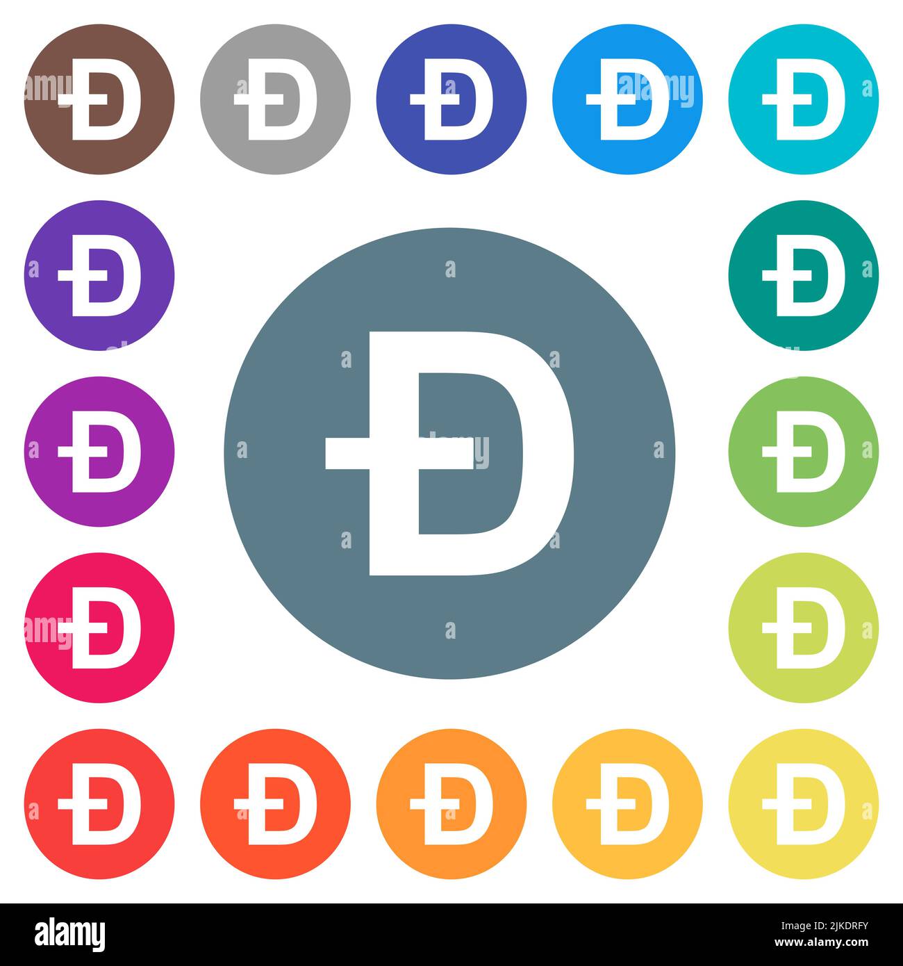 Dogecoin digital cryptocurrency flat white icons on round color ...