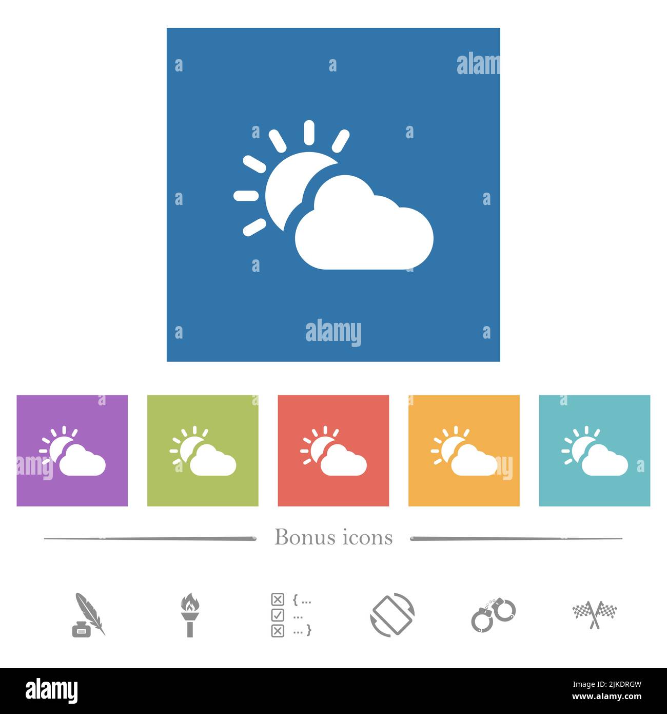 Cloudy weather flat white icons in square backgrounds. 6 bonus icons ...