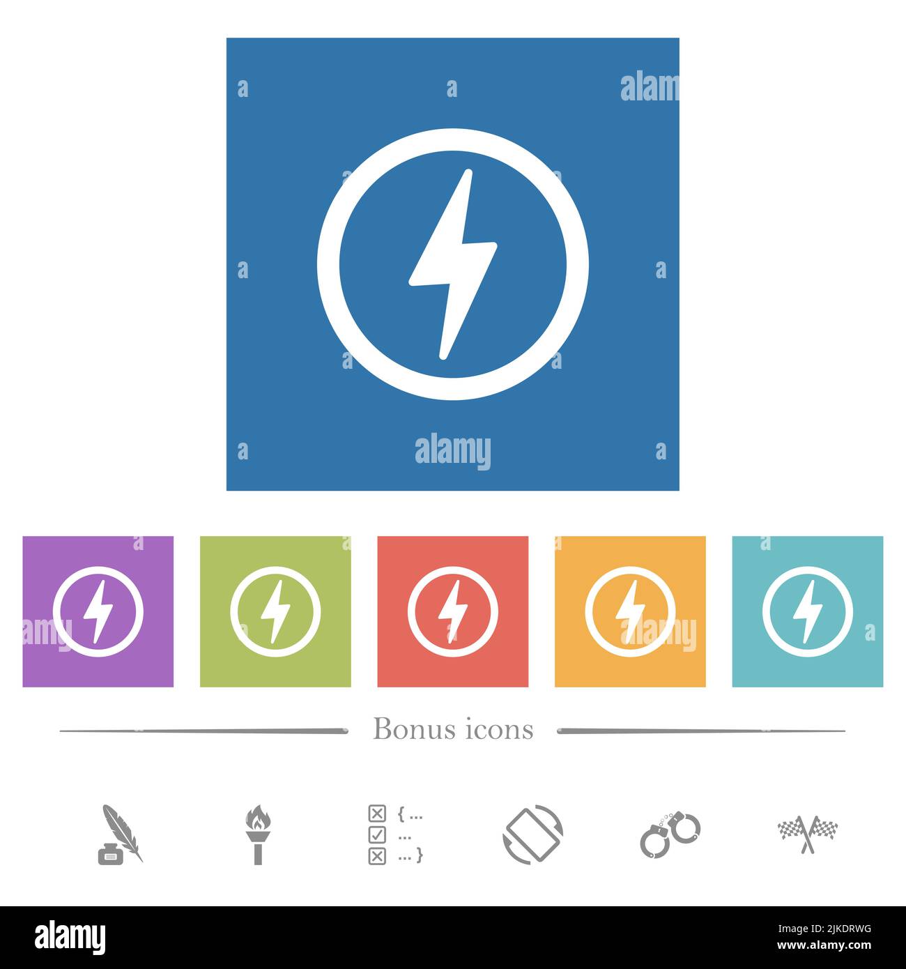 Lightning in circle outline flat white icons in square backgrounds. 6 ...
