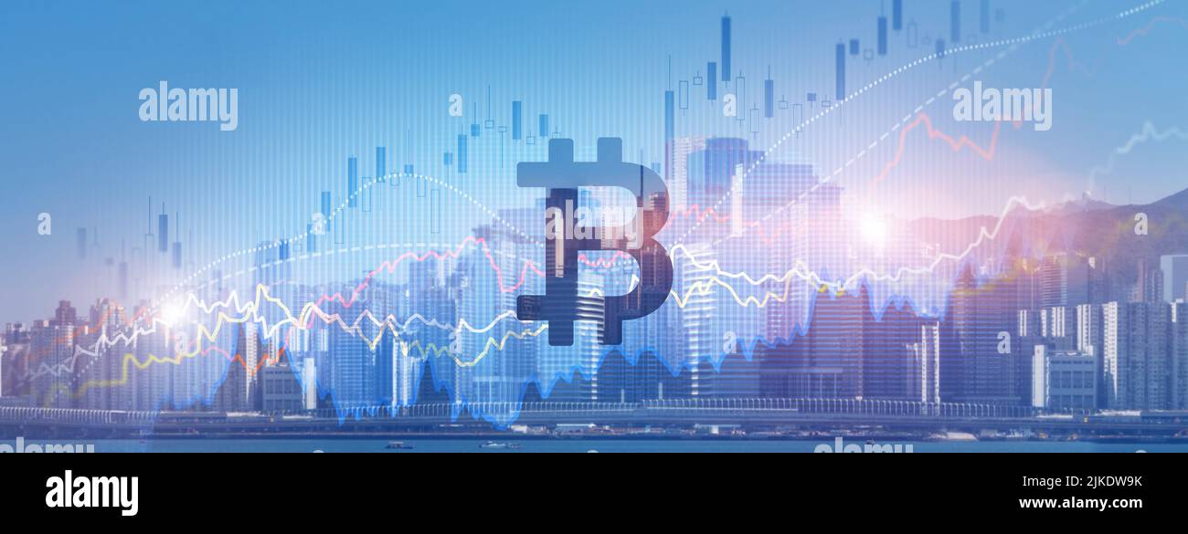 Bitcoin. Crypto currency market on modern city background Stock Photo ...