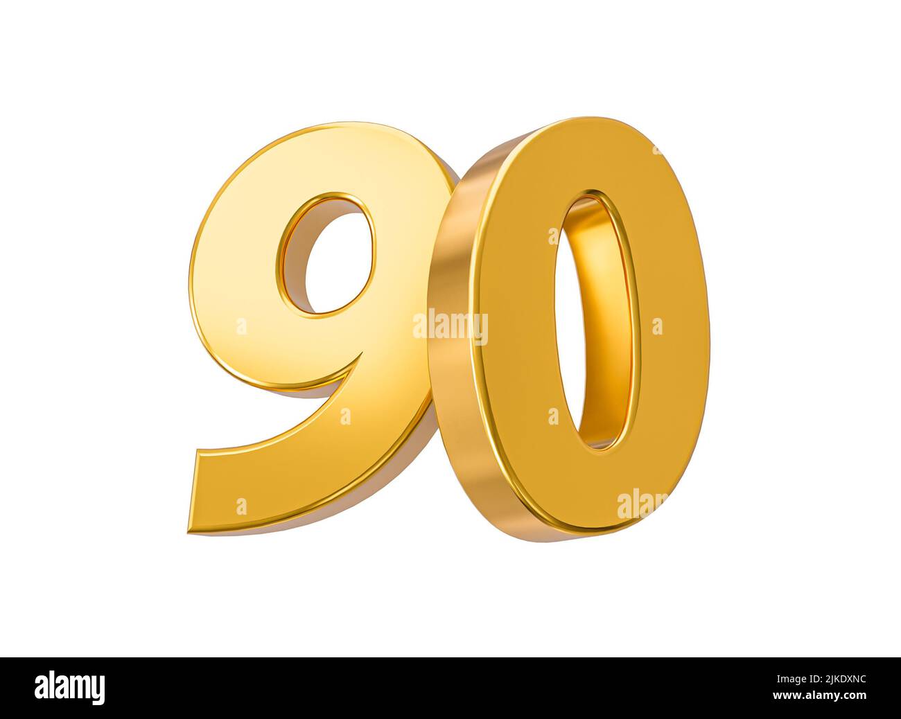 A 3D illustration of the number 90 in gold isolated on a white ...