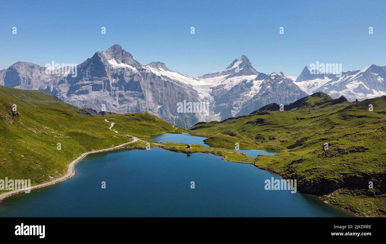 An aerial view of the Grindelwald lake in Switzerland. Swiss-Italian ...
