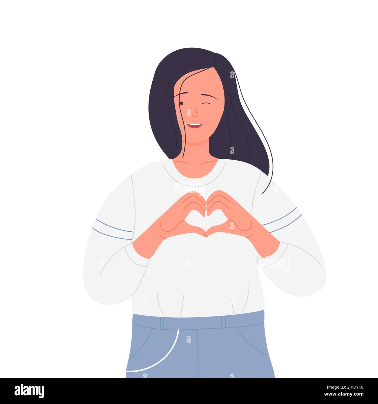 Young girl showing heart with hands. Love gesture, positive and ...