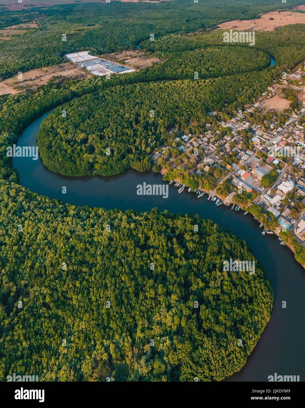 An aerial vertical shot of a river flowing in a rural area in Escuintla ...