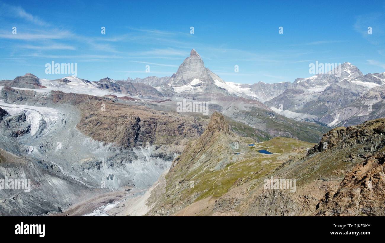 an aerial view of the Gornergrat, Switzerland, depicting mountains ...