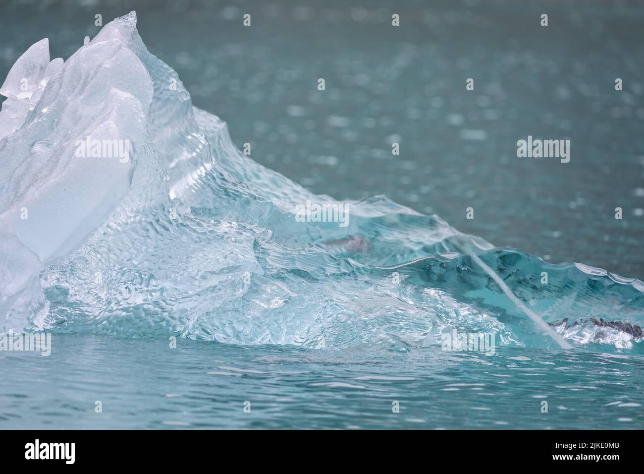 Close up of sparkling blue translucent icebergs in water of Kvanefjord ...