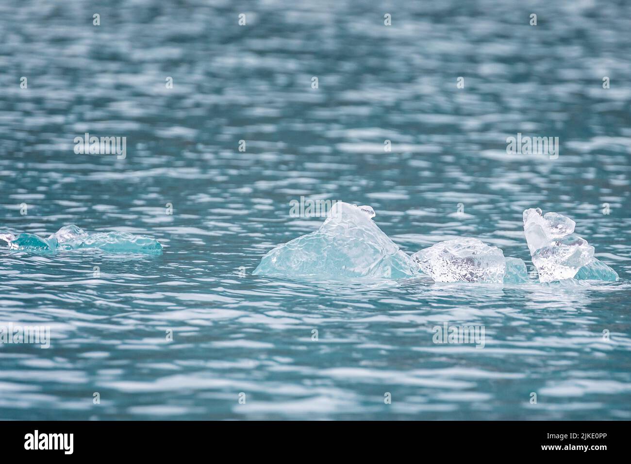Close up of sparkling blue translucent icebergs in water of Kvanefjord ...