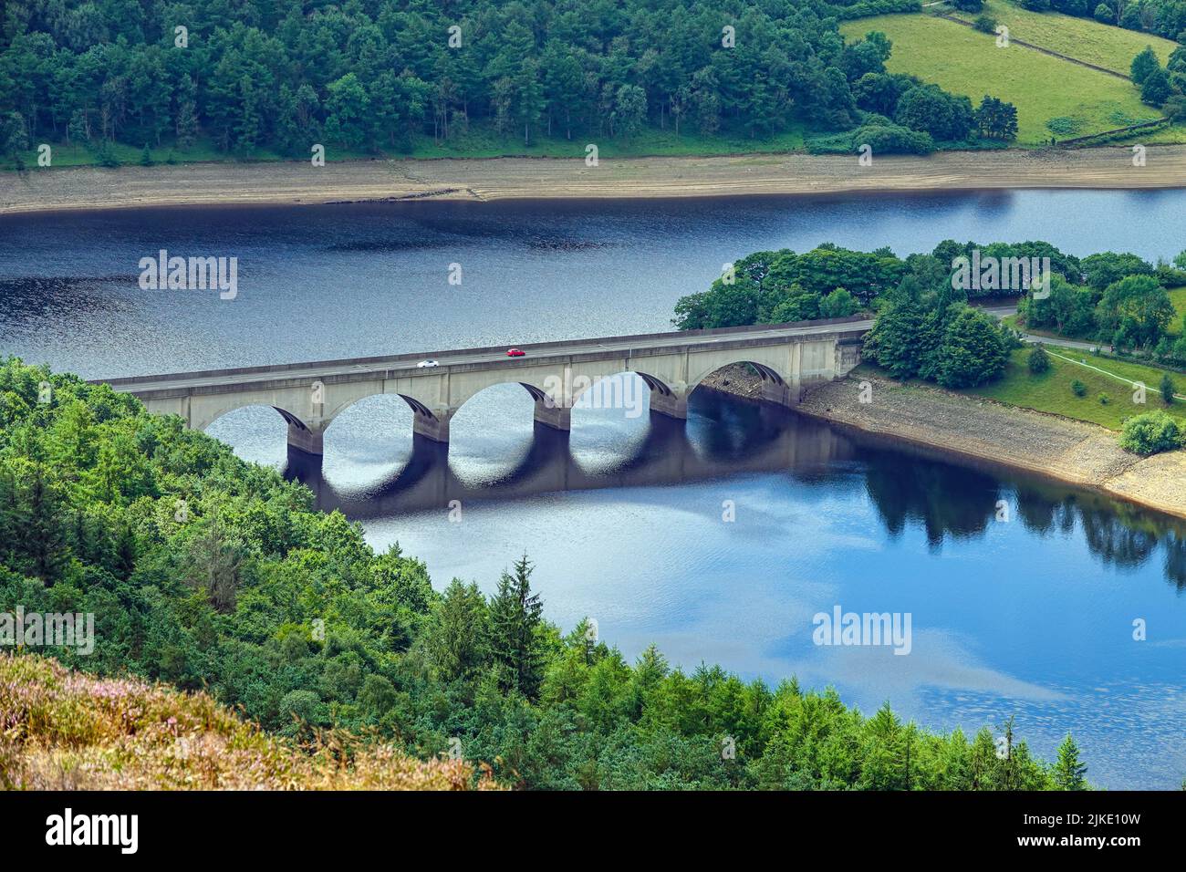 A57 bridge with arches, Ladybower reservoir seen from above, from ...