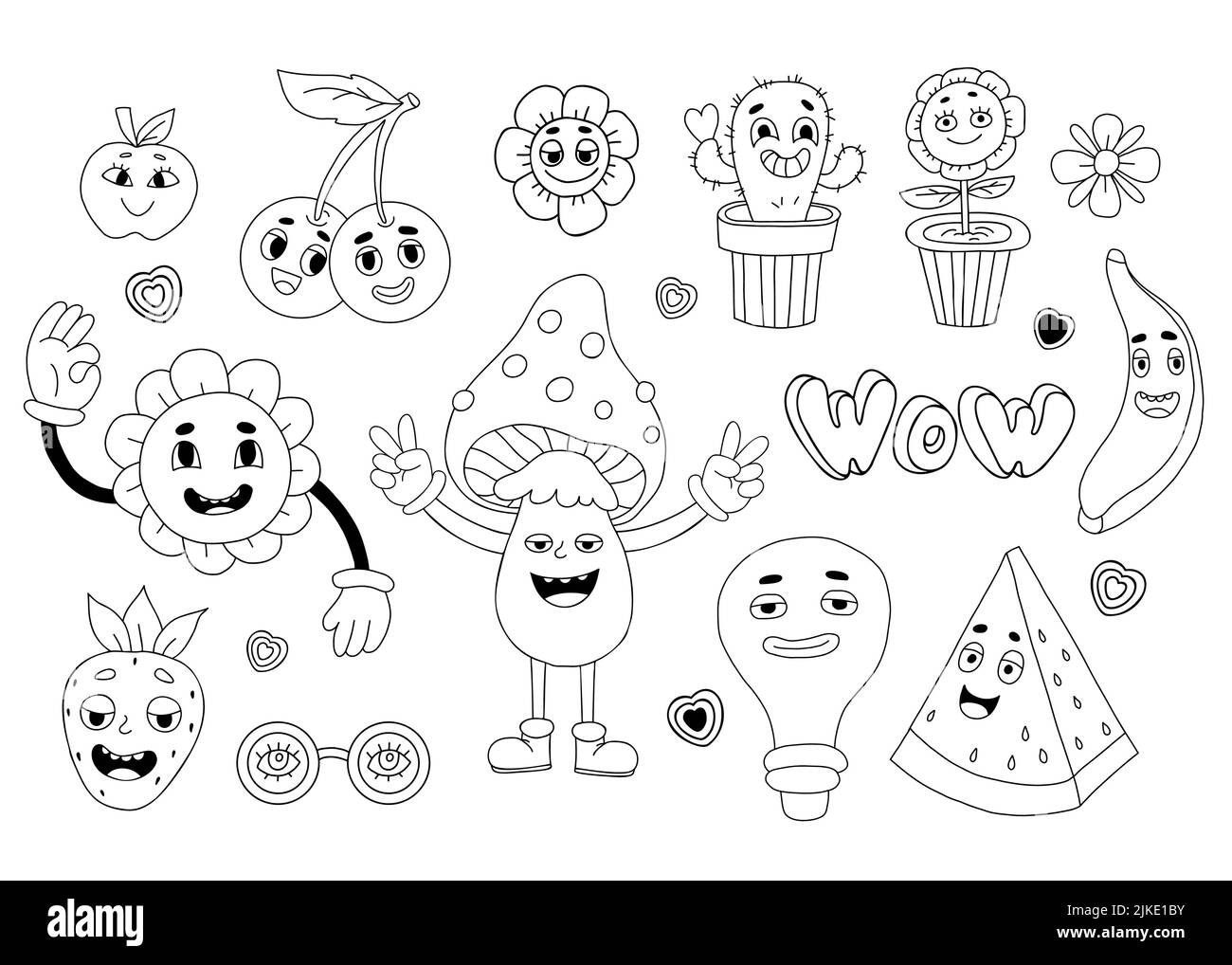 Retro set of groovy elements. Vector clipart vintage funky hippy style ...