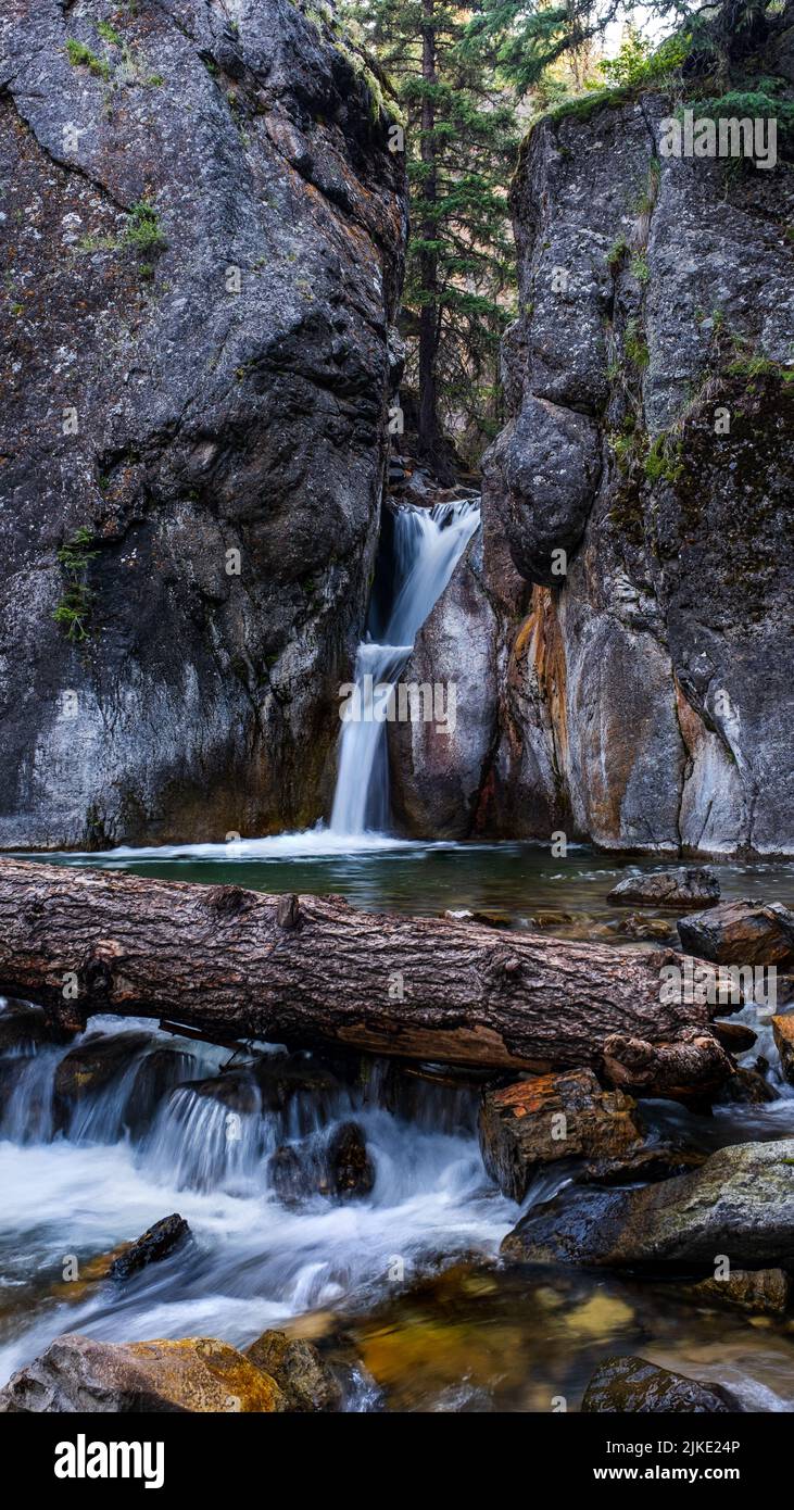 Cat Creek Waterfalls with a dead log in the creek. The location was ...