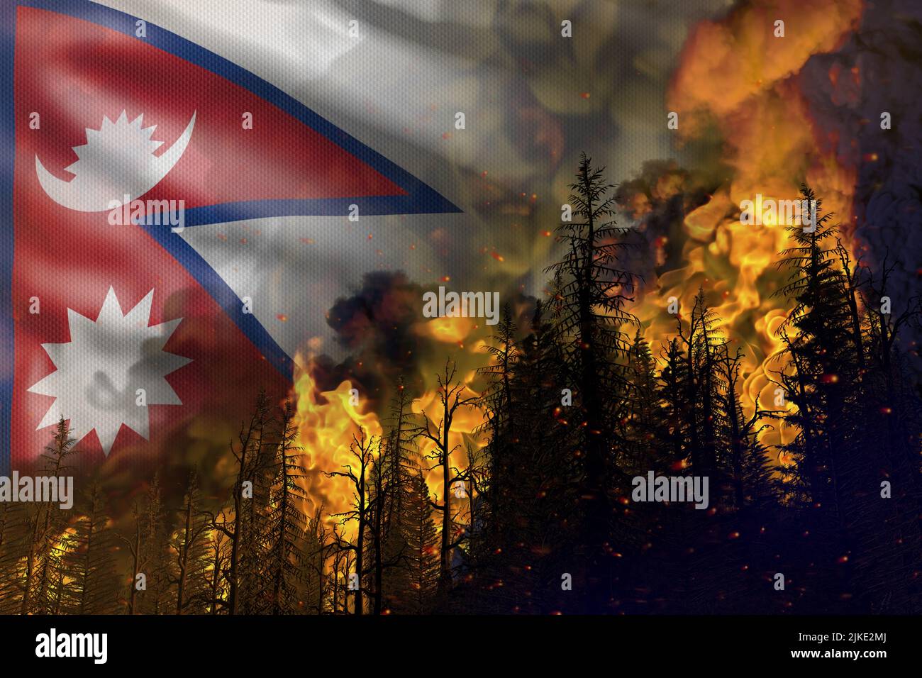 Forest fire natural disaster concept - heavy fire in the woods on Nepal ...