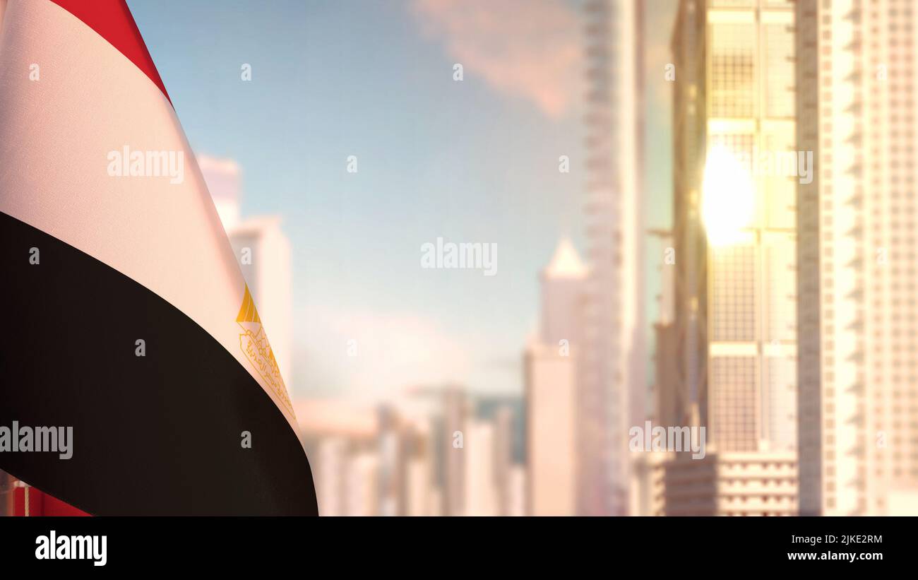 flag of Egypt on city skyscrapers buildings vanilla sundown backdrop ...