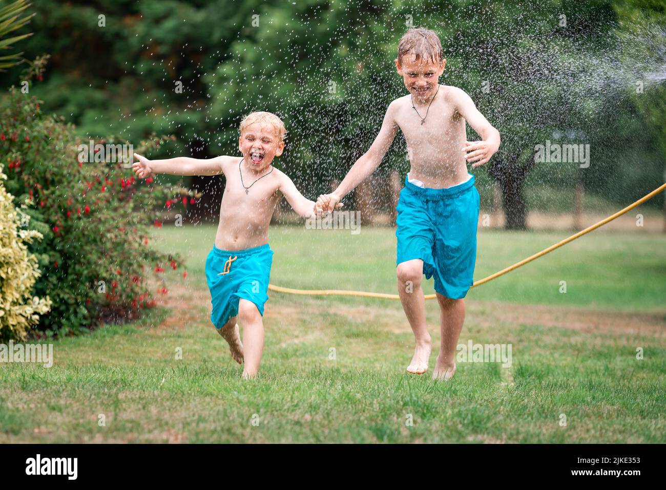 Kids play with water on hot summer day. Children with garden sprinkler ...