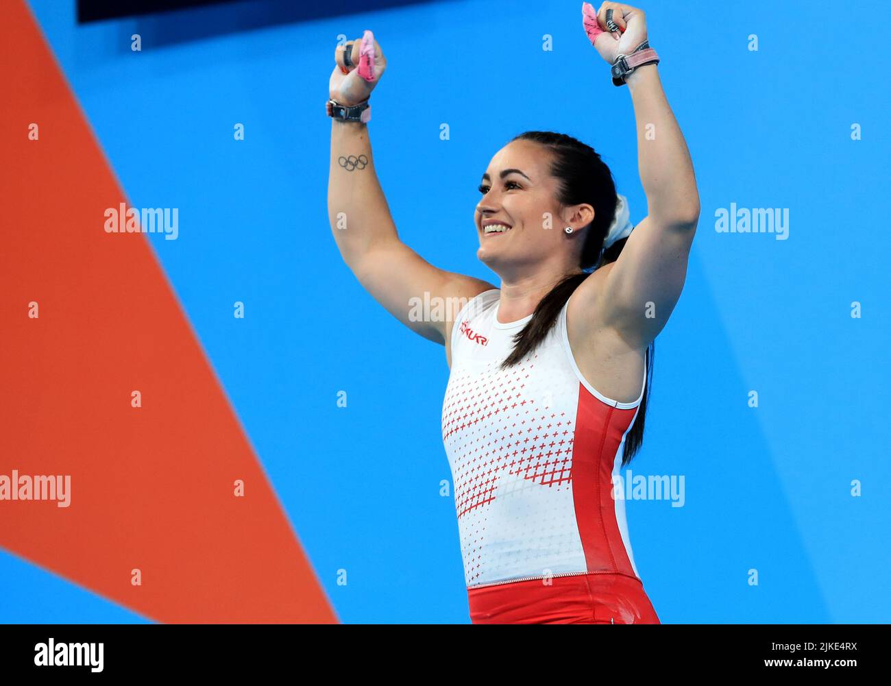 England’s Sarah Davies reacts after making a lift during the Women’s ...