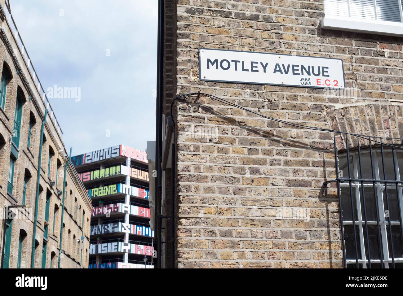 Motley Avenue odd street name sign Shoreditch London EC2 Stock Photo ...