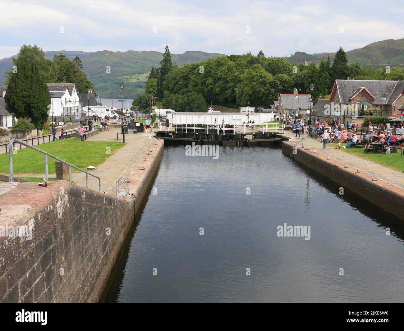 View of the Caledonian Canal between the lock gates at Fort Augustus ...