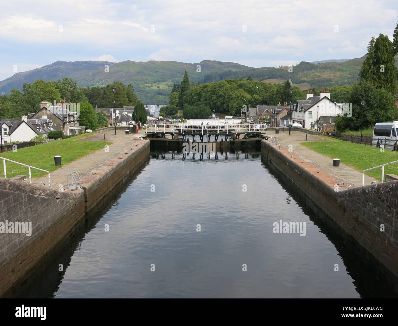 View of the Caledonian Canal between the lock gates at Fort Augustus ...