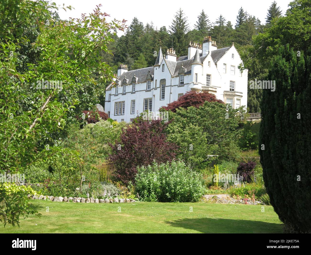 Logie House, a white harled family home in the Scots Baronial style ...