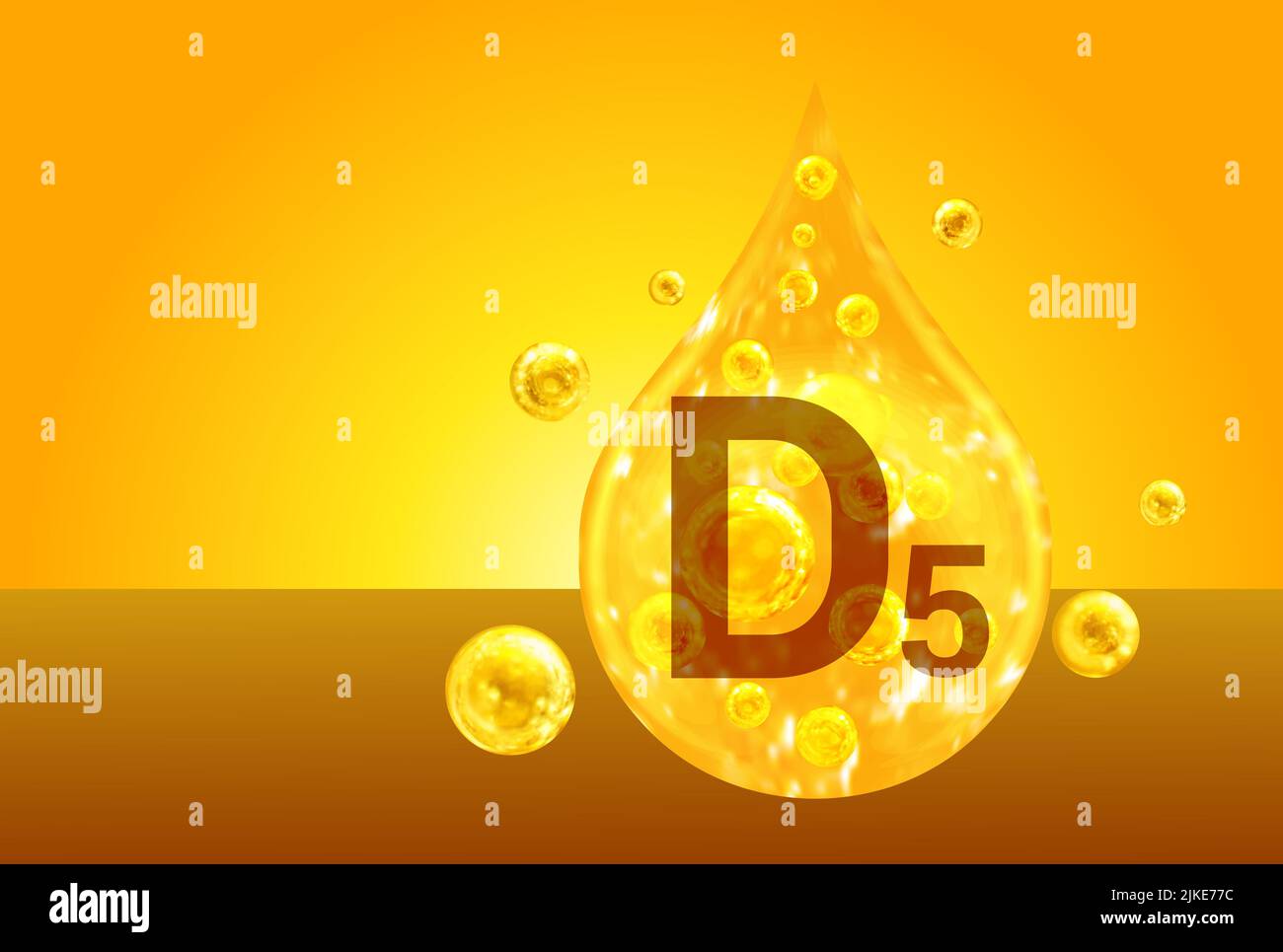 Vitamin D5. Golden drops with oxygen bubbles. Health concept Stock ...
