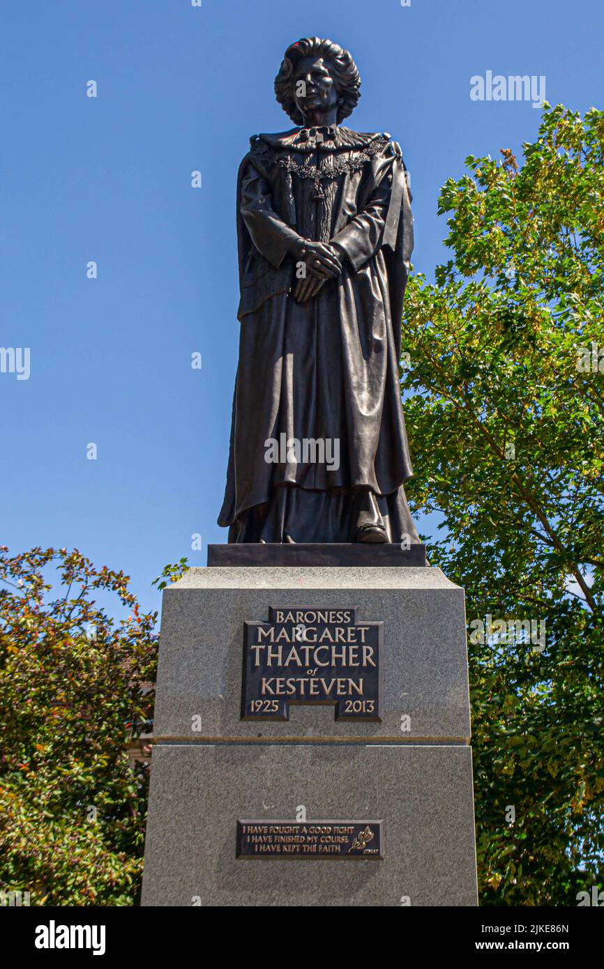 GRANTHAM, ENGLAND- 26 June 2022: Statue of Margaret Thatcher in her ...