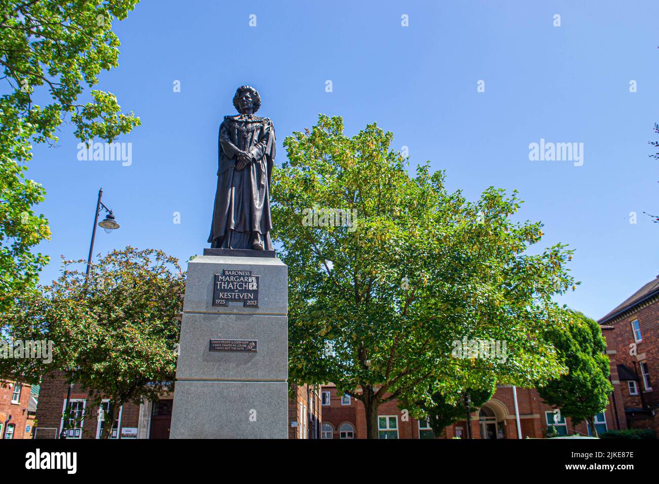 GRANTHAM, ENGLAND- 26 June 2022: Statue of Margaret Thatcher in her ...