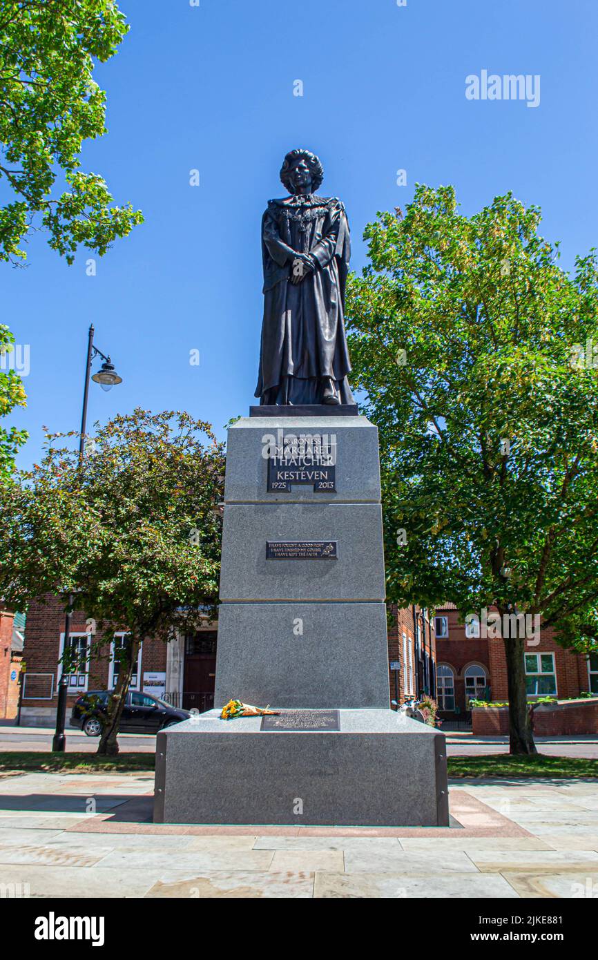 GRANTHAM, ENGLAND- 26 June 2022: Statue of Margaret Thatcher in her ...