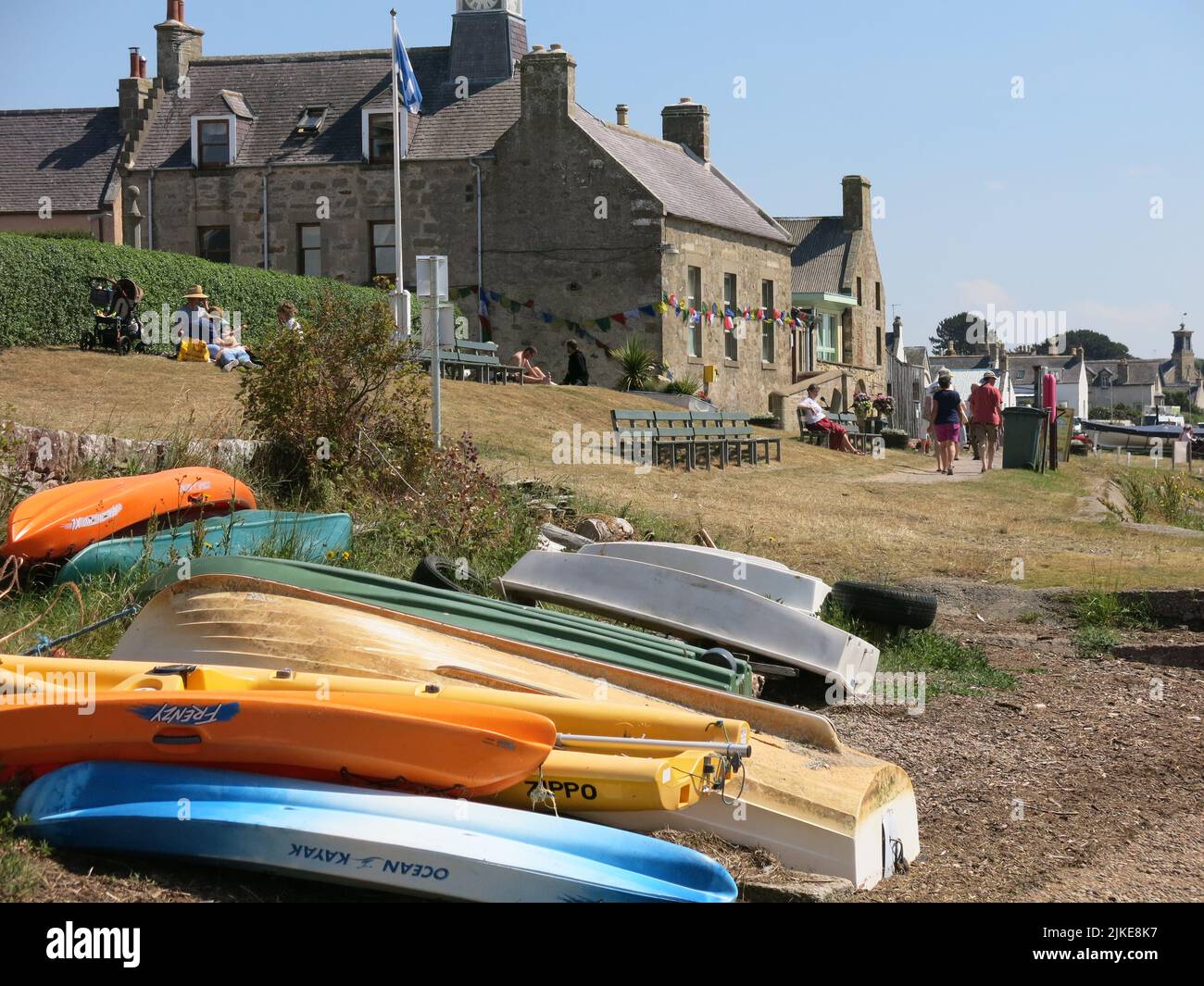 View of the coastal village of Findhorn in north-east Scotland with ...