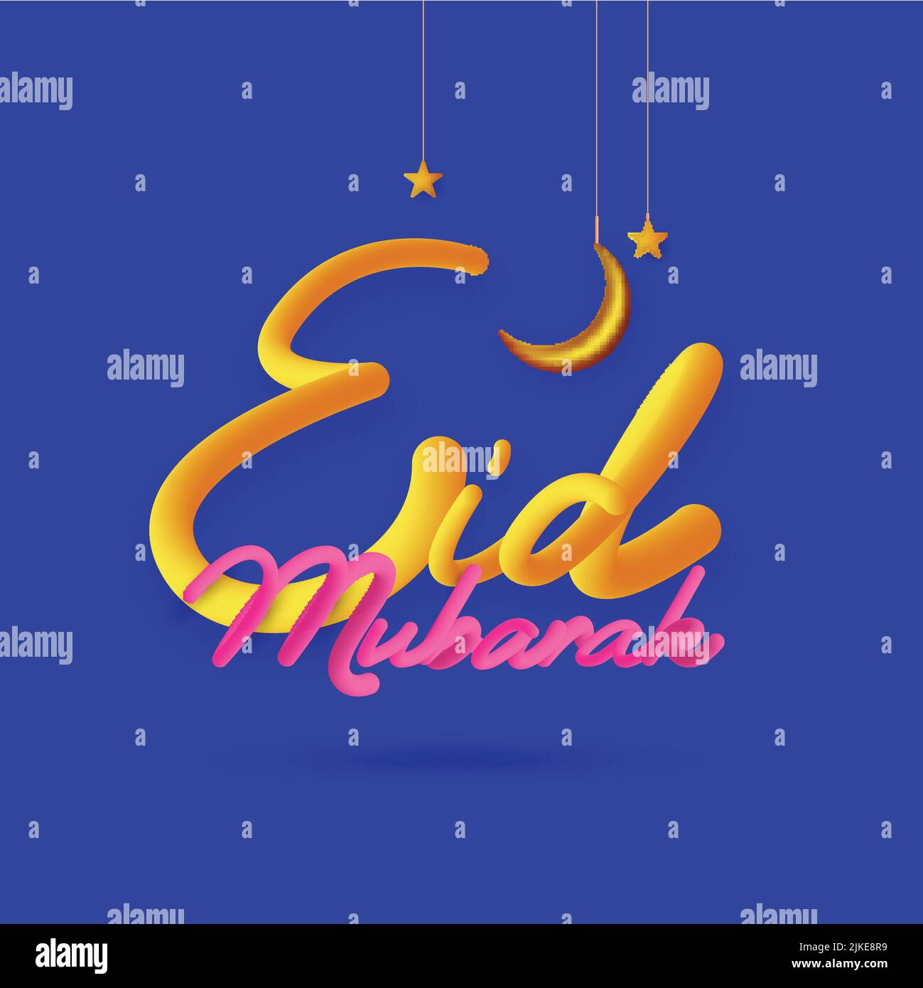 Blend Eid Mubarak Font With Golden Crescent Moon, Stars Hang On Blue ...