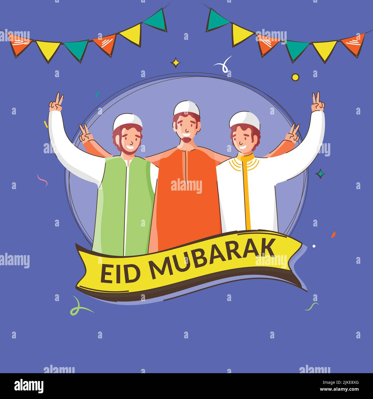 Eid Mubarak Celebration Concept With Cheerful Islamic Men Showing Peace ...