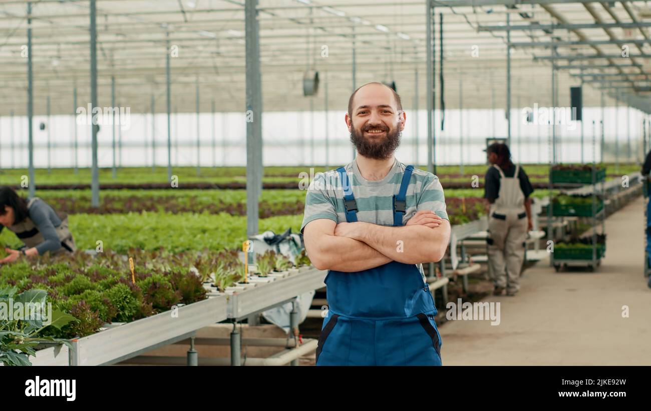 Portrait of smiling man posing with arms crossed standing in greenhouse ...