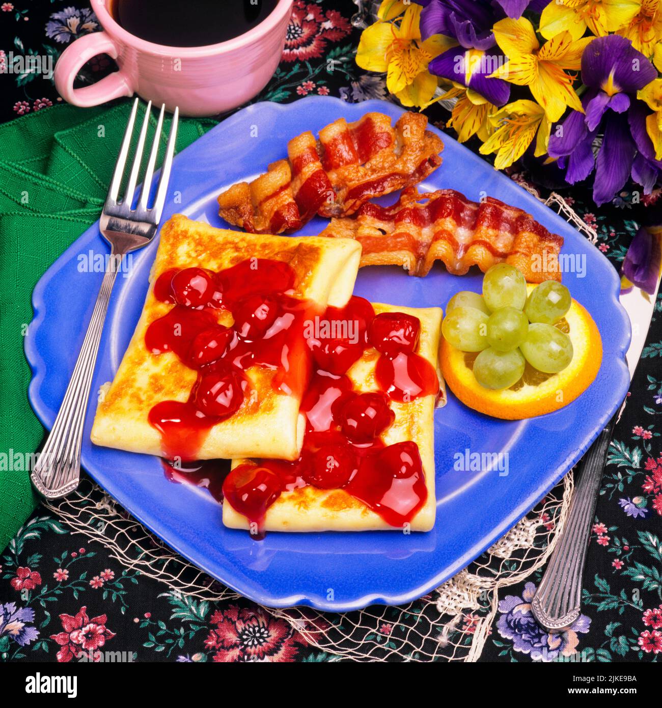 1990s BREAKFAST BRUNCH PLATTER OF CHEESE BLINTZES WITH CHERRY SAUCE ...