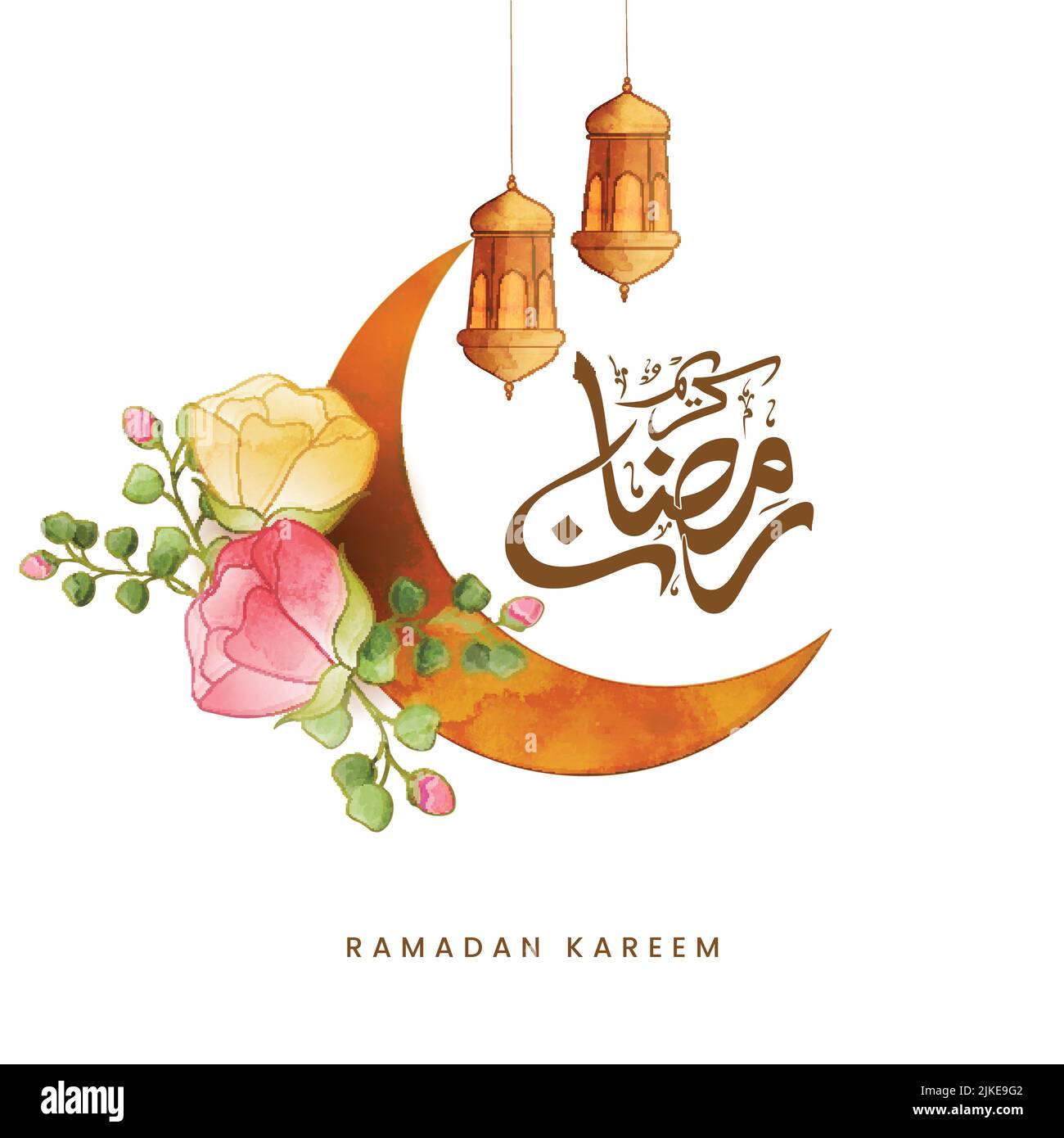 Arabic Calligraphy Of Ramadan Kareem With Watercolor Effect Crescent ...
