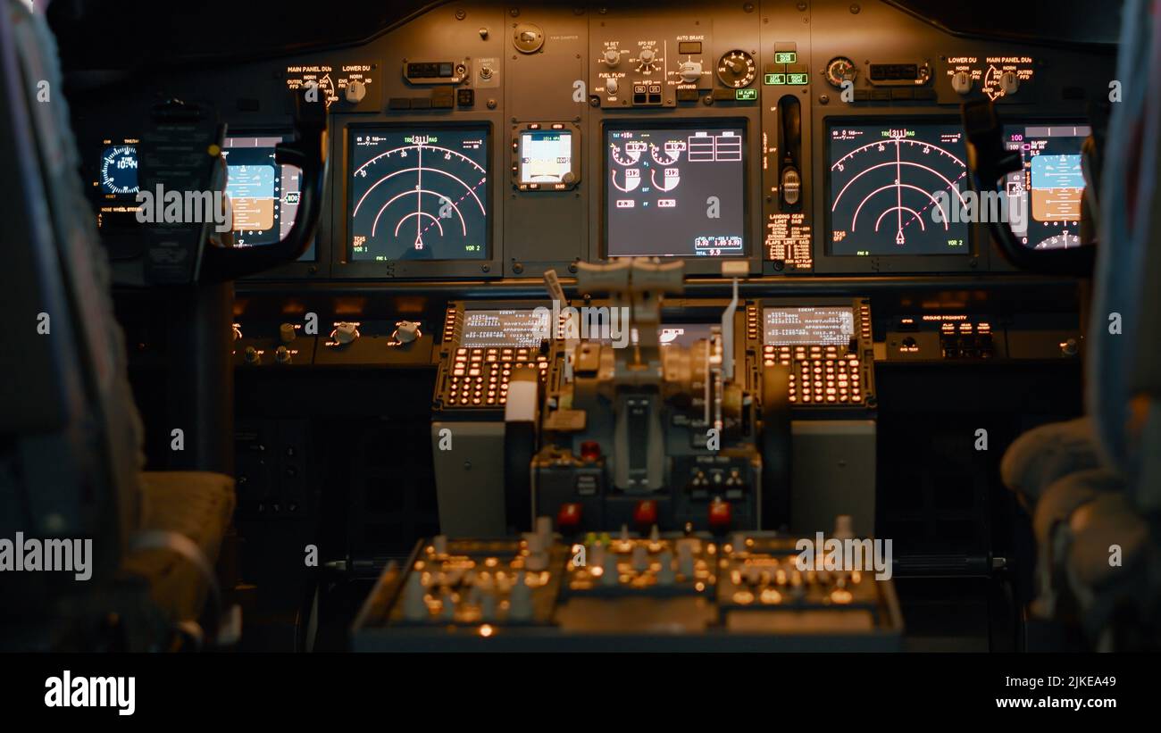 Nobody in empty aviation plane with dashboard control panel to start ...
