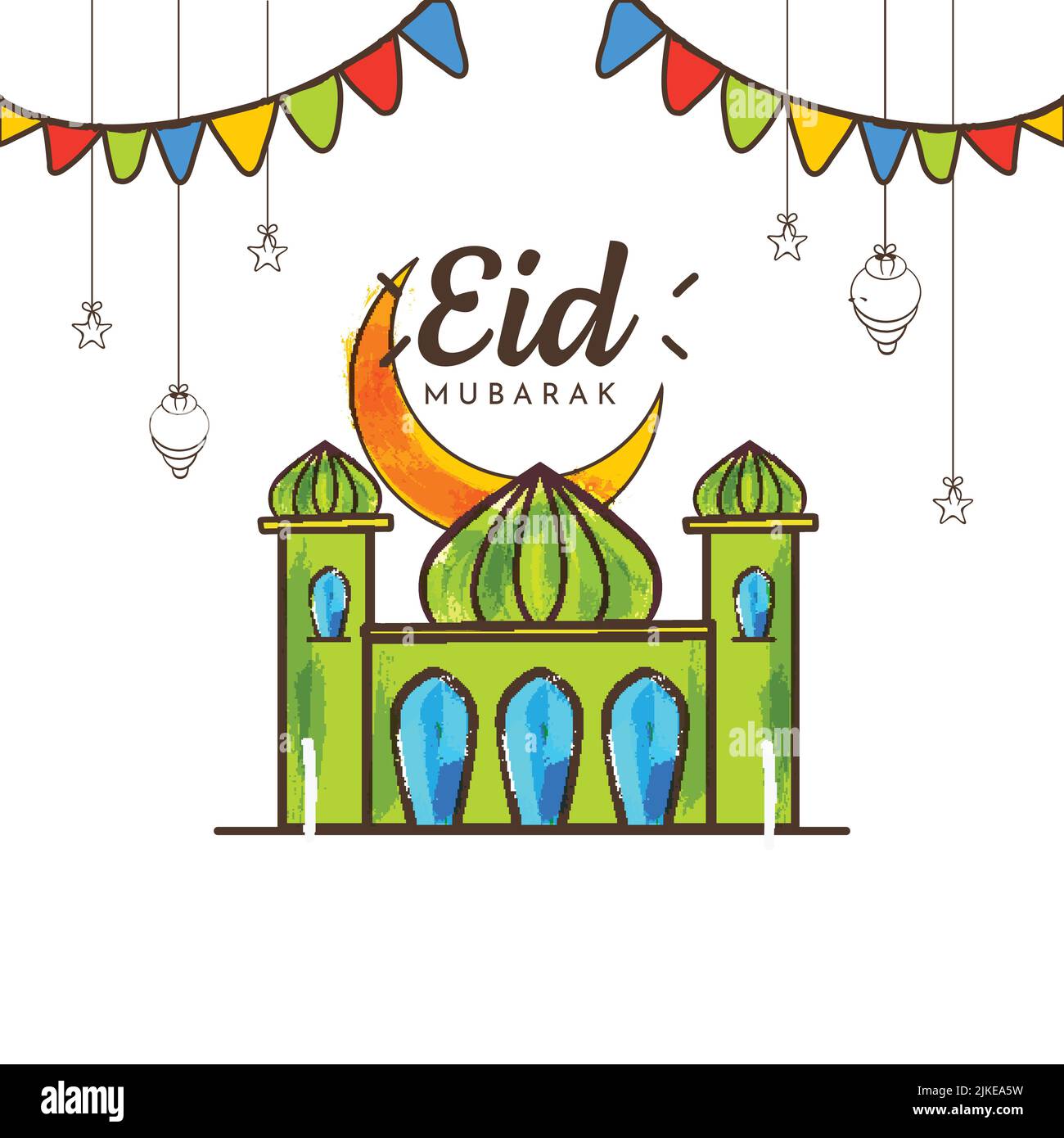 Eid Mubarak Celebration Concept With Color Doodle Crescent Moon, Mosque ...