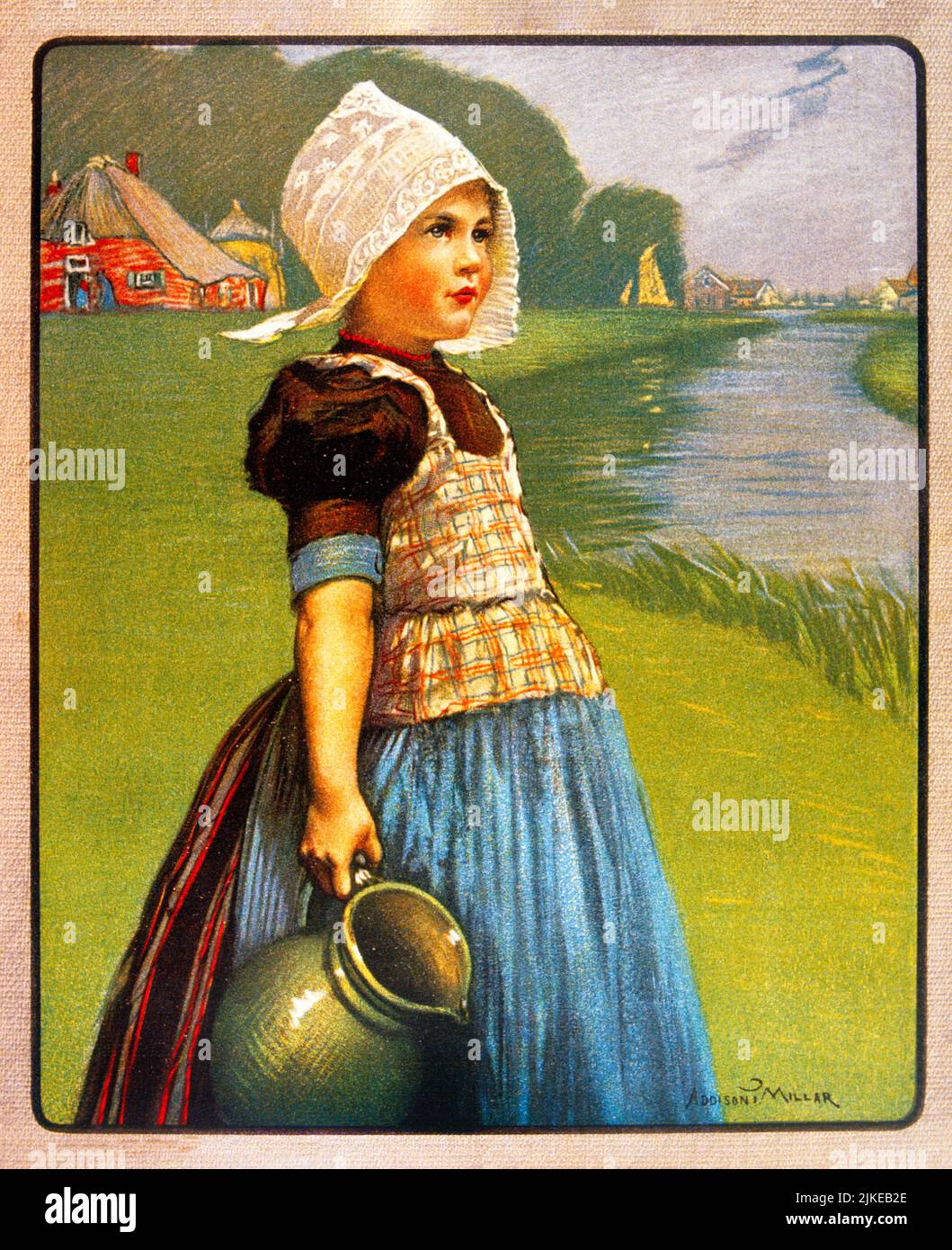 1900s LITTLE DUTCH GIRL WEARING NATIONAL COSTUME STANDING BY CANAL OF ...