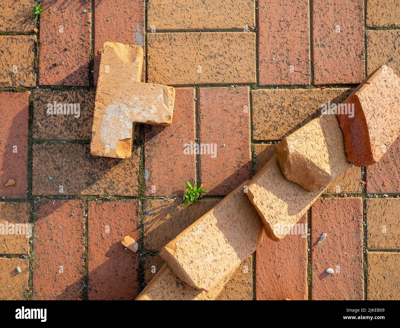 Old brickwork. Bricks on the ground. Construction works. Brick block ...