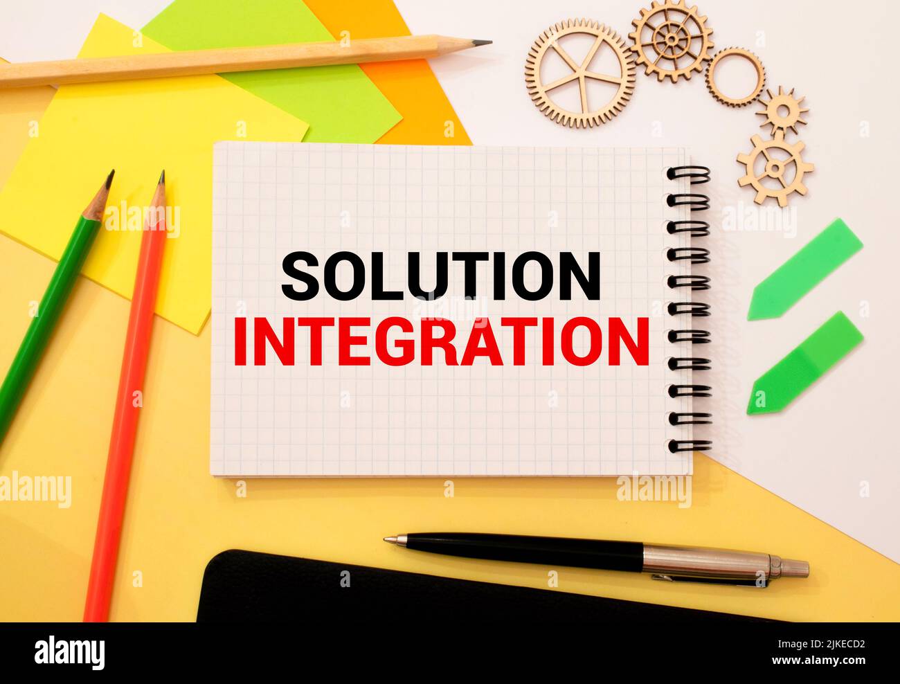 Closeup on businessman holding a card with SOLUTION INTEGRATION message ...