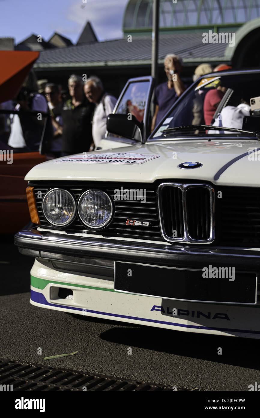 A vertical view of a BMW 3 series car during the Rallye des Princesses ...
