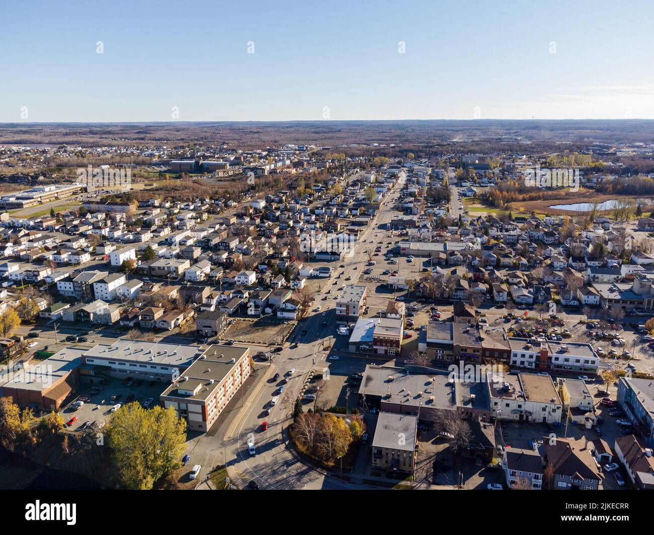 Aerial view of Rouyn-Noranda City in a fall season sunny day. Abitibi ...